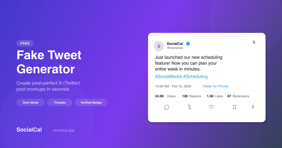 Free Fake Tweet Generator — X (Twitter) Post Mockup Tool | SocialCal