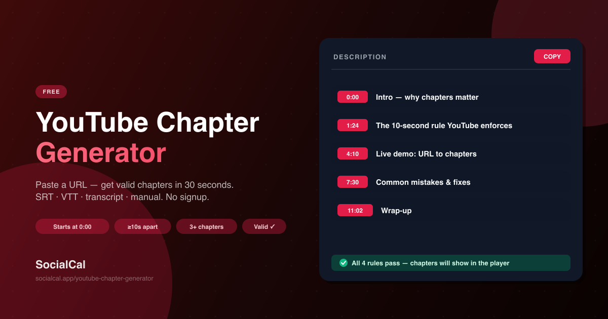 YouTube Chapter Generator — From URL, Transcript, or SRT | SocialCal